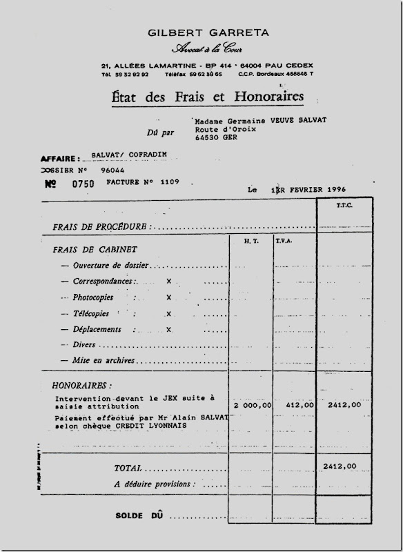 RAPPORT DE MAÎTRE Marc BARONI: Facture n°1109 du 01 Février 1996 de ...